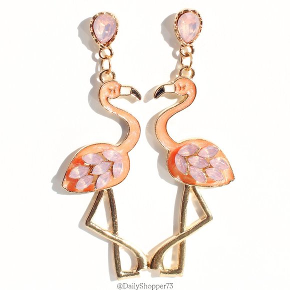 Jewelry | Womens Pastel Milky Pink Rhinestone Enamel Flamingo Gold Tone ...